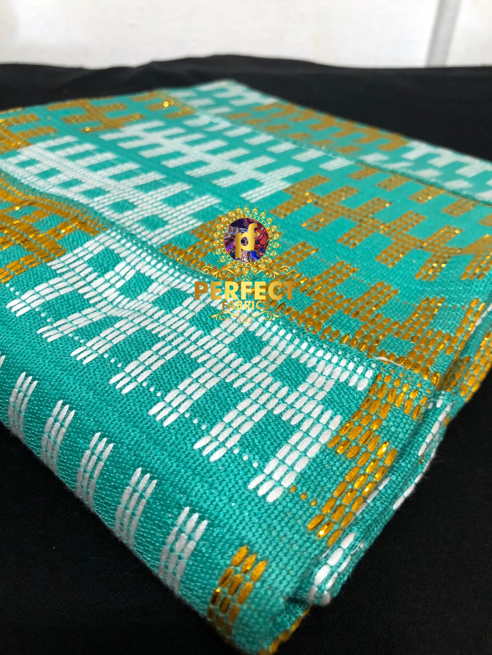 Turquoise Blue, White & Gold Ashanti Kente – PERFECT FABRICS